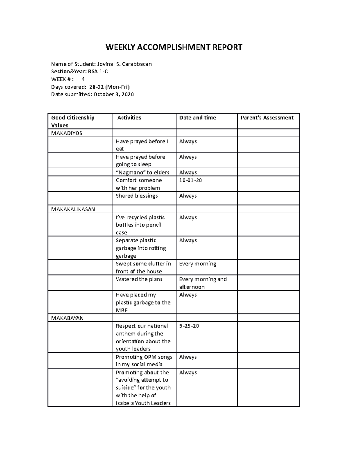 Intermediate Accounting 2020 Valix - WEEKLY ACCOMPLISHMENT REPORT Name ...