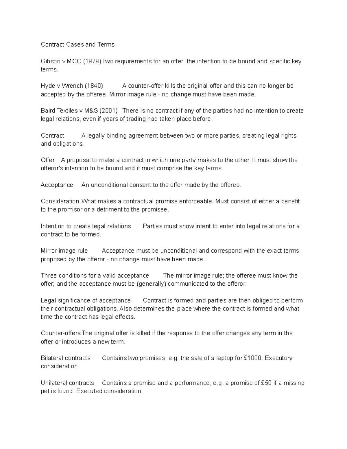 Contract Cases and Terms - Contract Cases and Terms Gibson v MCC (1979 ...