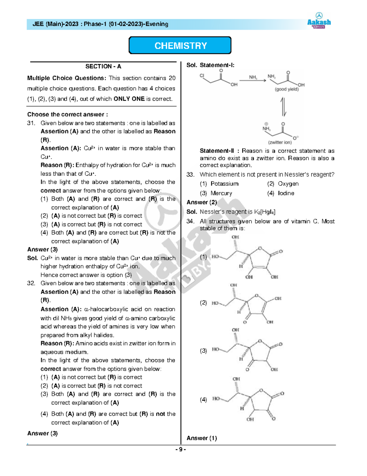 Answer-and-Solutions JEE Main-2023-QP-Feb-1-Evening-shift-Chemistry - CHEMISTRY SECTION - A ...