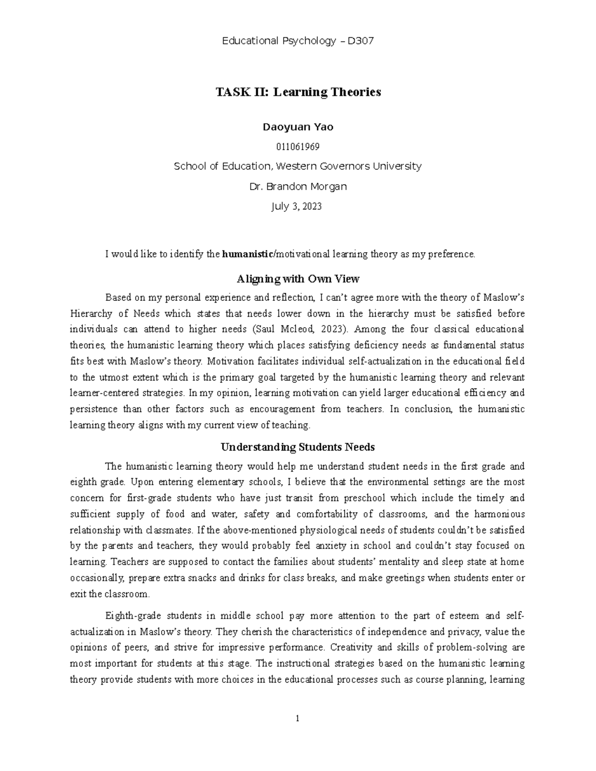 Task 2 - Learning Theories - Educational Psychology – D TASK II ...