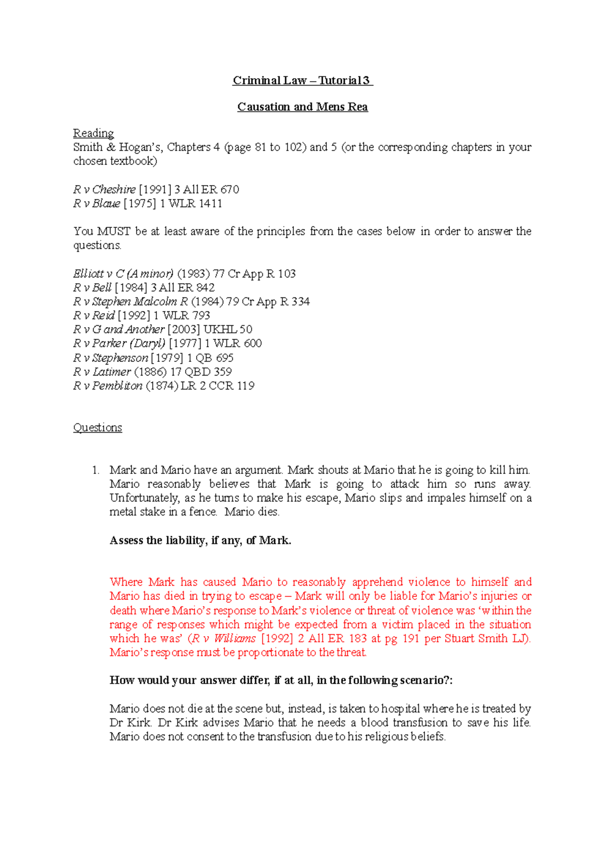 Causation and Mens Rea Tutorial - Criminal Law – Tutorial 3 Causation and Mens Rea Reading Smith ...
