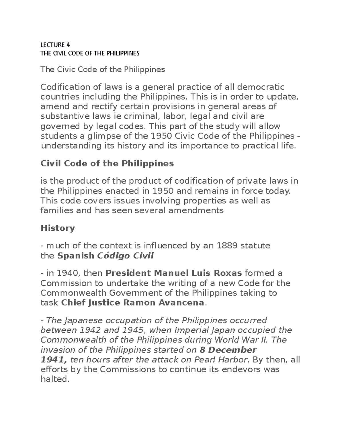 Civil Code Lecture Notes - LECTURE 4 THE CIVIL CODE OF THE PHILIPPINES ...
