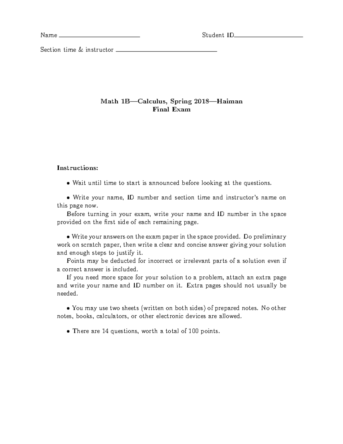 Haiman 2018 Practice Final Exam - Name Student ID Section time & instructor Math 1B—Calculus ...