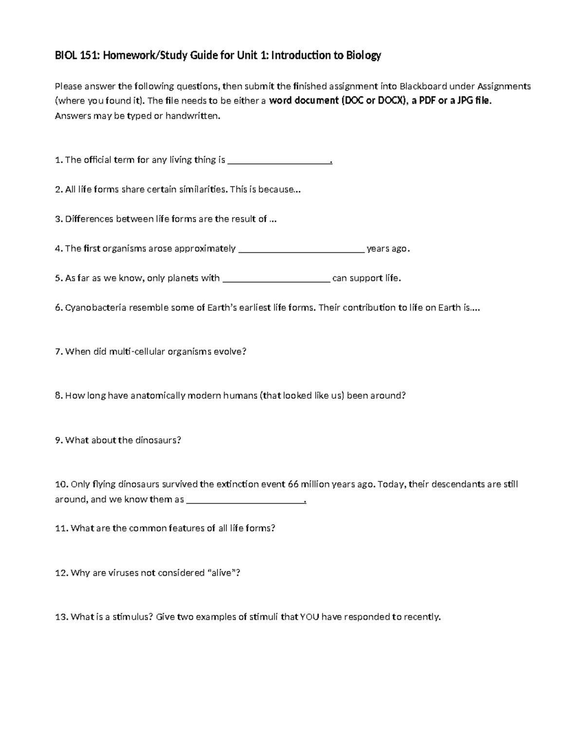 BIO HW - Bio homework - BIOL 151: Homework/Study Guide for Unit 1 ...