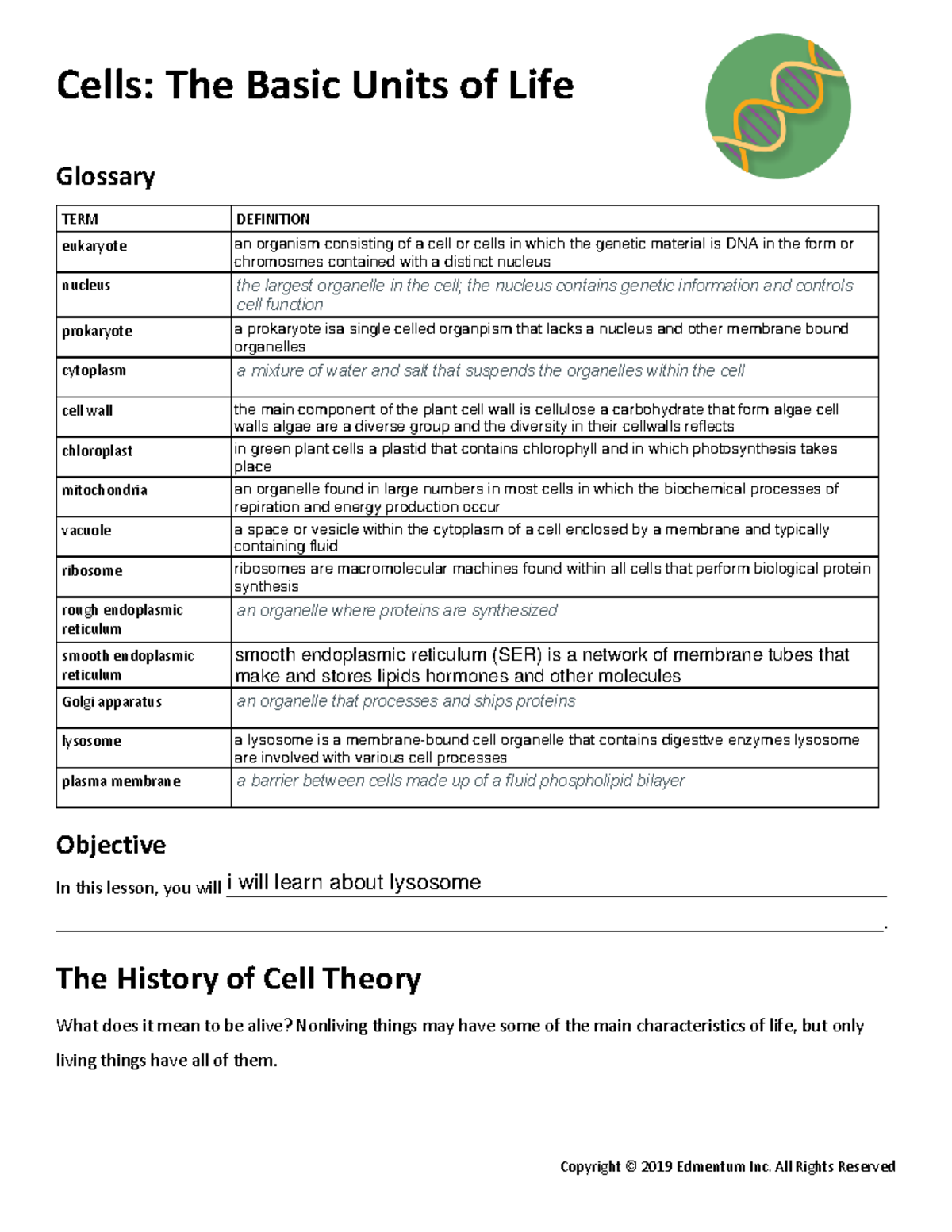 Work - work - Cells: The Basic Units of Life Glossary TERM DEFINITION ...