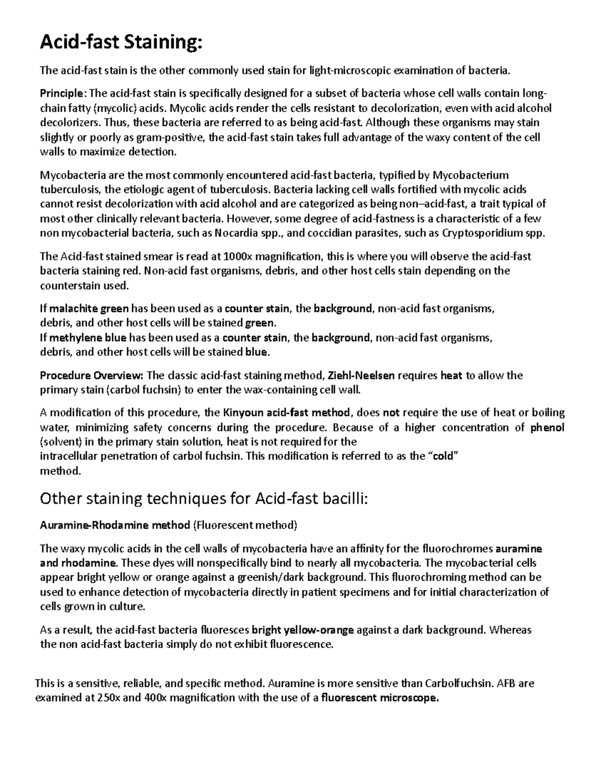 AFB - NOTES - Acid-fast Staining: The acid-fast stain is the other ...