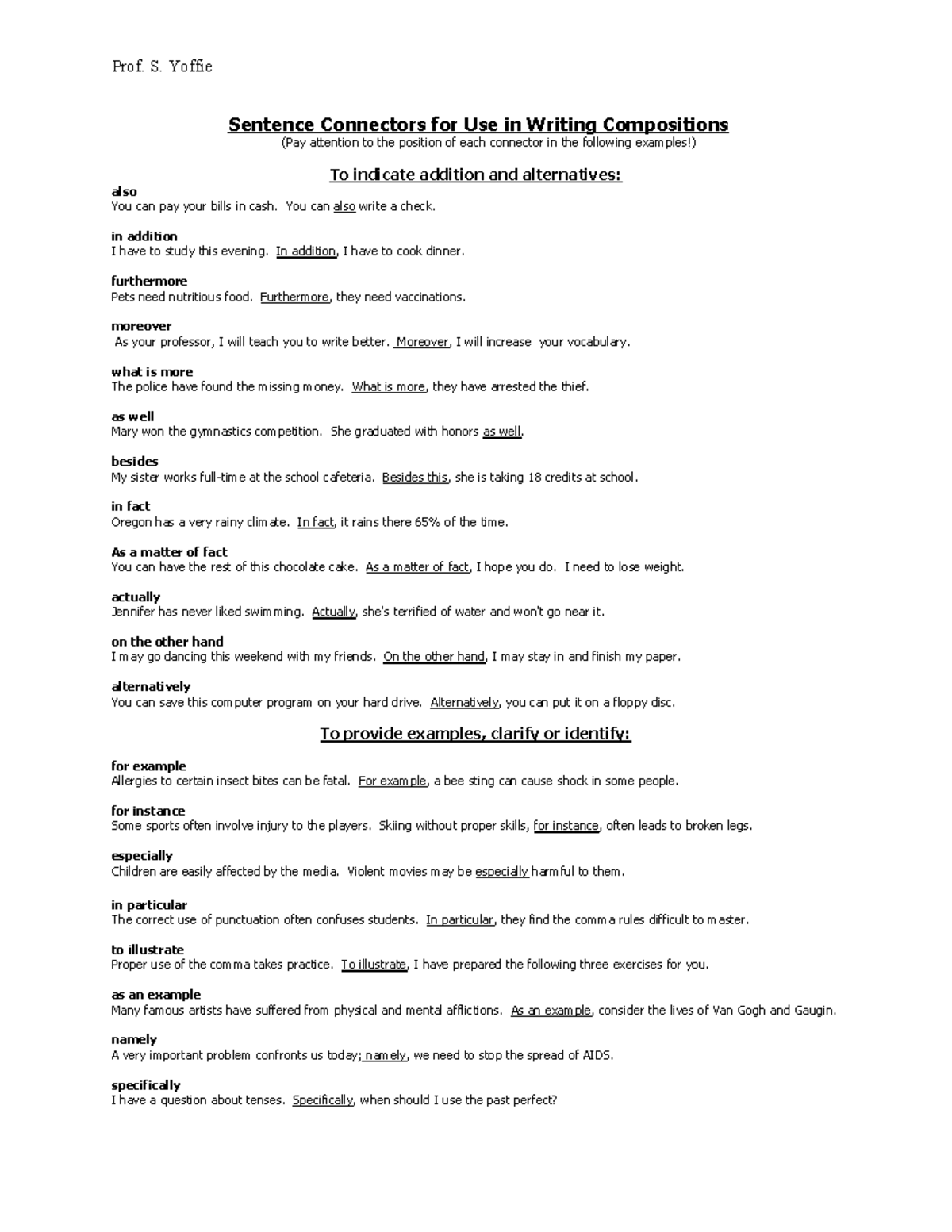 BK WP Sentence Connectors in Writing Comp - Prof. S. Yoffie Sentence ...