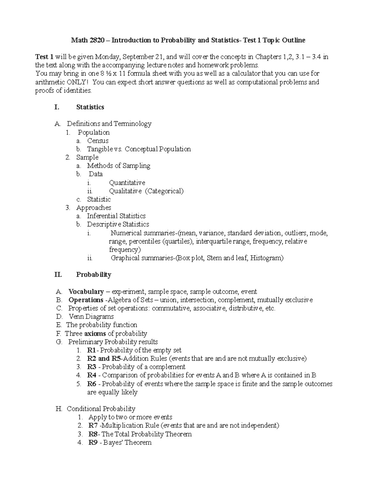 Midterm 1 Topics - Math 2820 – Introduction to Probability and ...