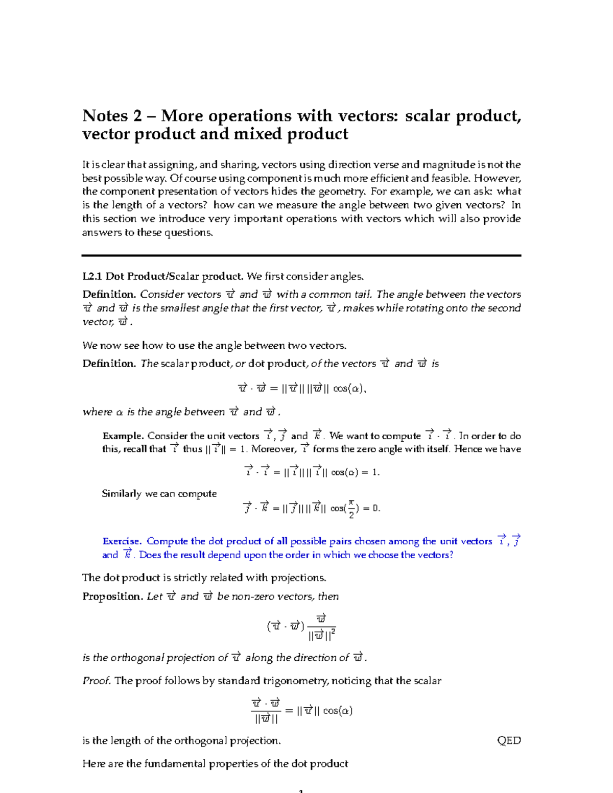 Linear Algebra and Geometry L2 - Notes 2 – More operations with vectors ...