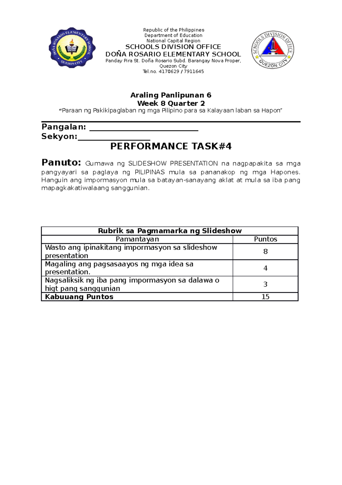 AP QTR 2 WEEK 8 Performance task - Araling Panlipunan 6 Week 8 Quarter ...