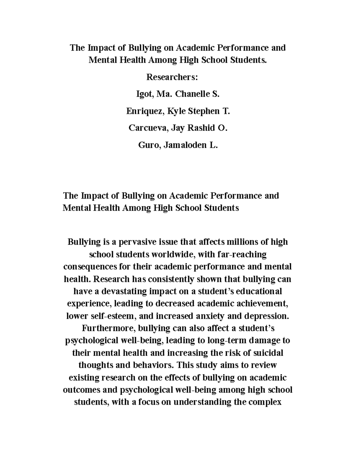 Research - Bullying - The Impact of Bullying on Academic Performance ...