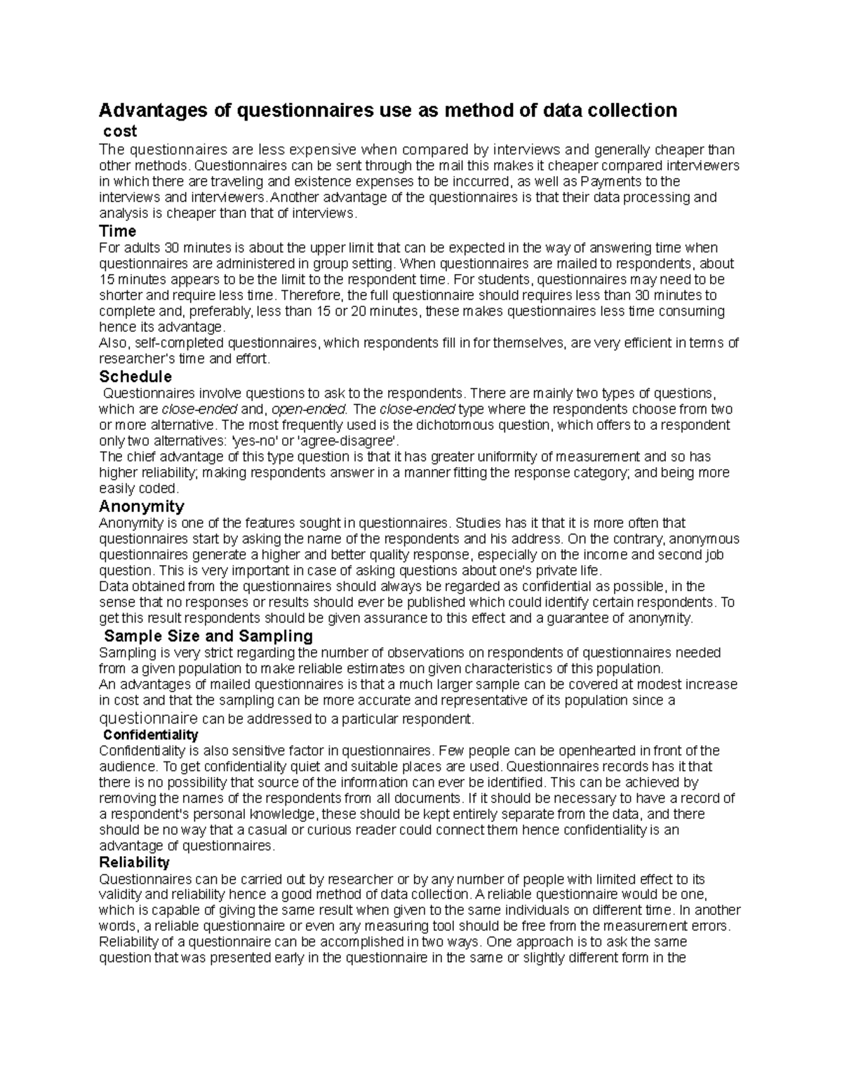 Nikol research - Copy - summeries - Advantages of questionnaires use as ...