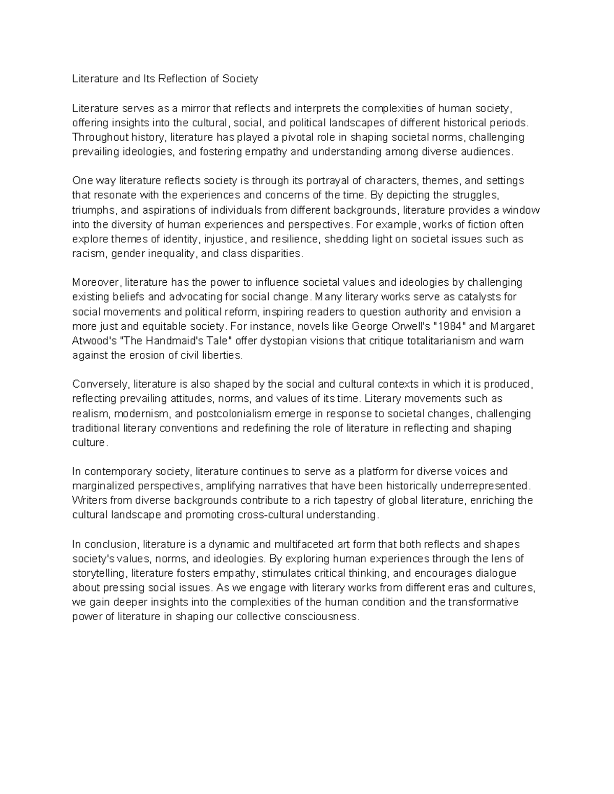 CH10 - ESSAY - Literature and Its Reflection of Society Literature ...