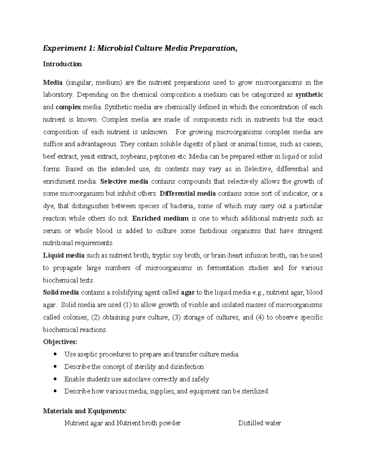 Experiment 1 and 2 - Experiment 1: Microbial Culture Media Preparation ...