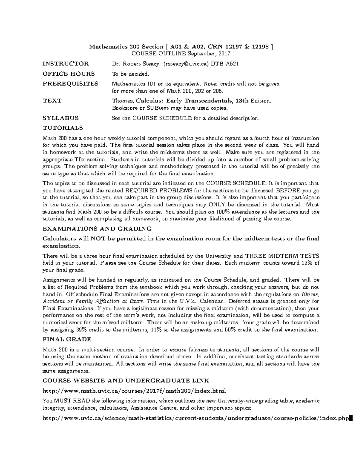 Math 200 - Course Outline - Mathematics 200 Section [ A01 &amp; A02 ...