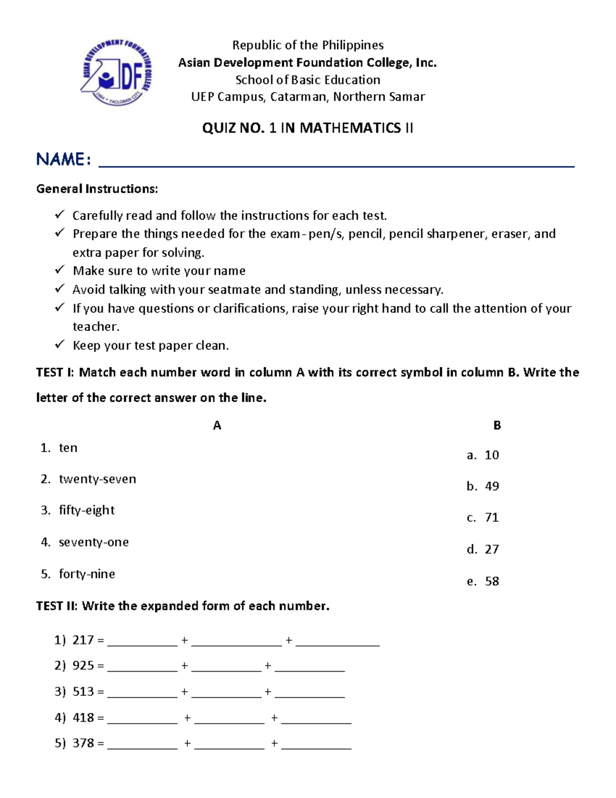 QUIZ 1 Q1 MATH2 - A sample quiz for Math 2 - Republic of the ...