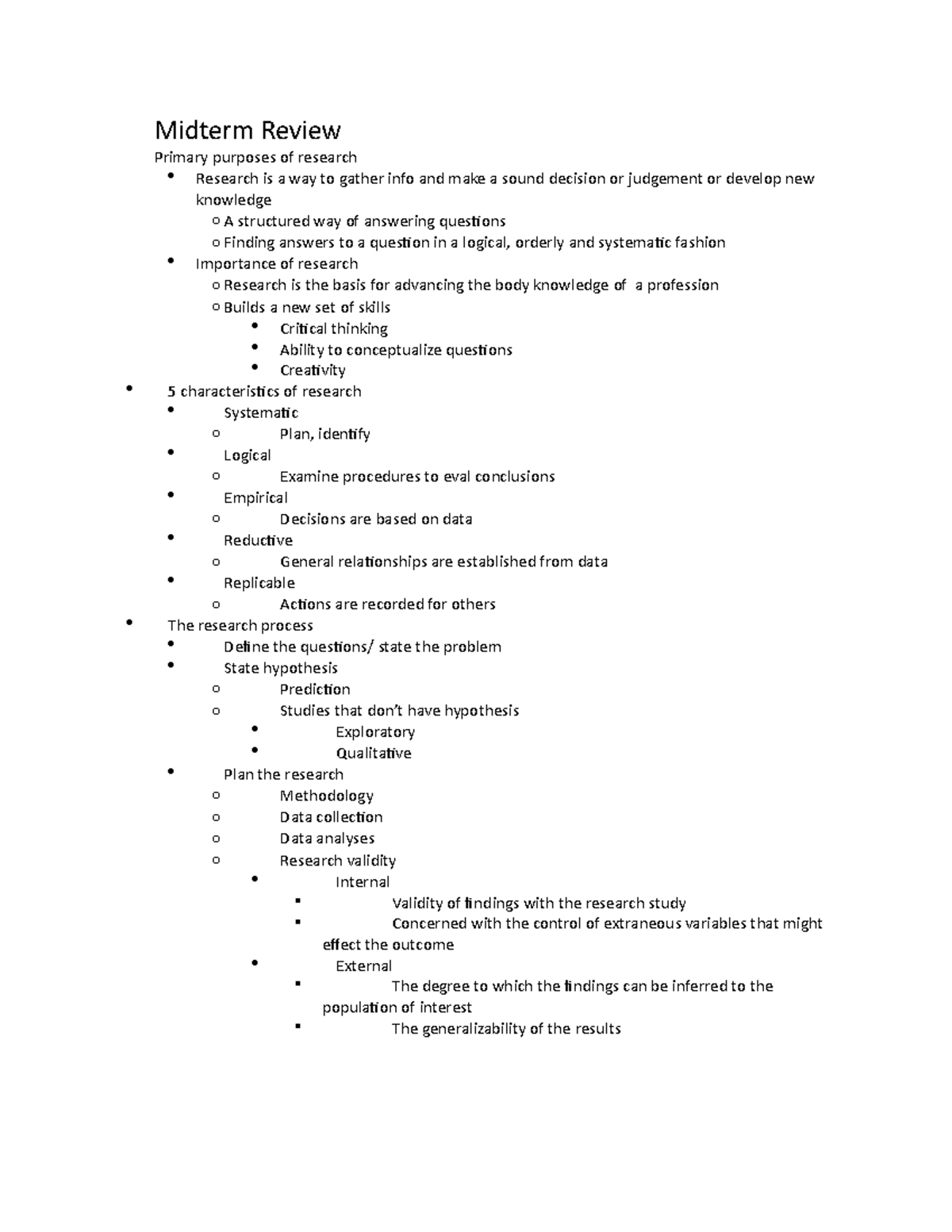 Midterm Review Lecture Notes 1 12 Midterm Review Primary Purposes Of Research Research Is