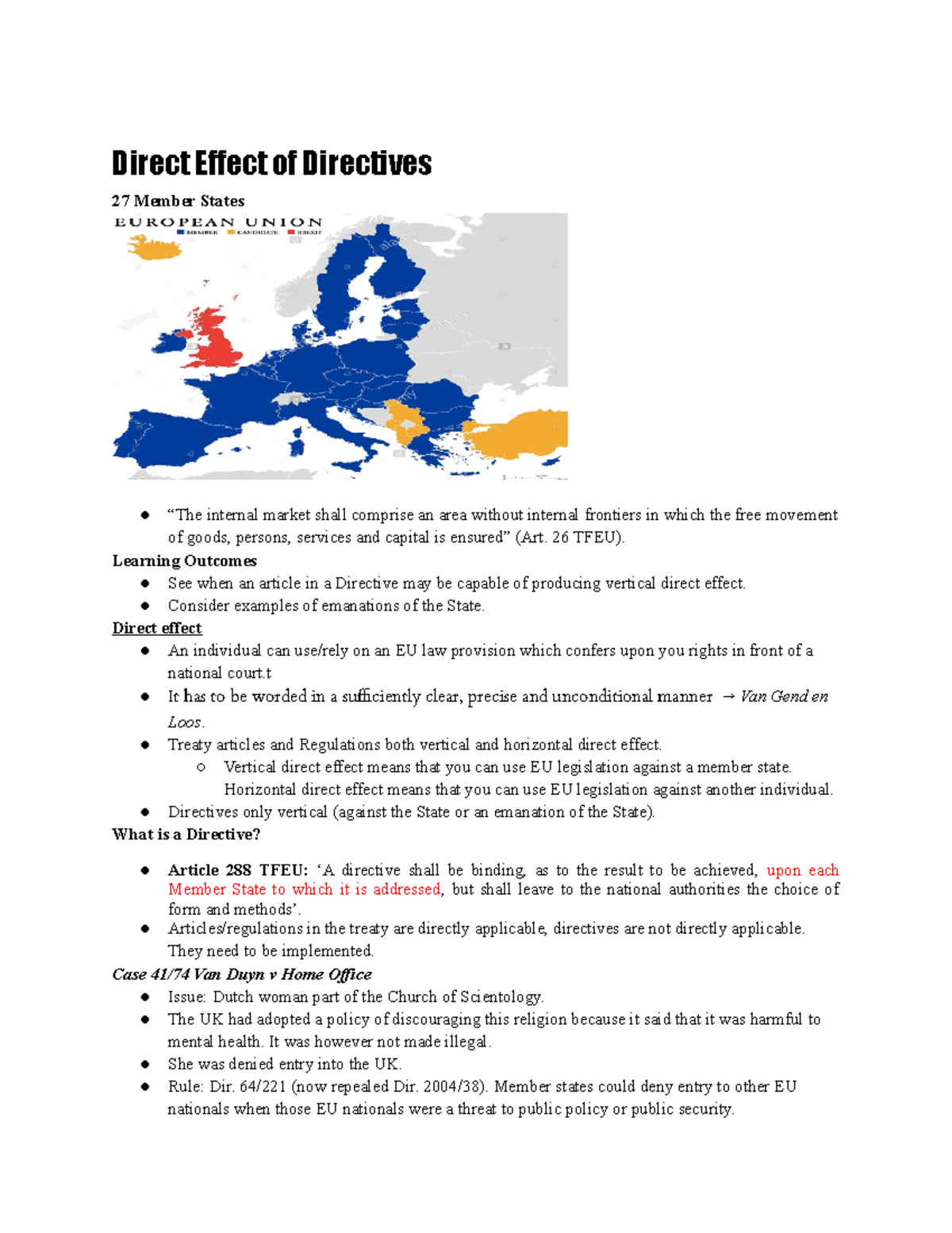 Direct Effect of Directives - 26 TFEU). Learning Outcomes See when an ...