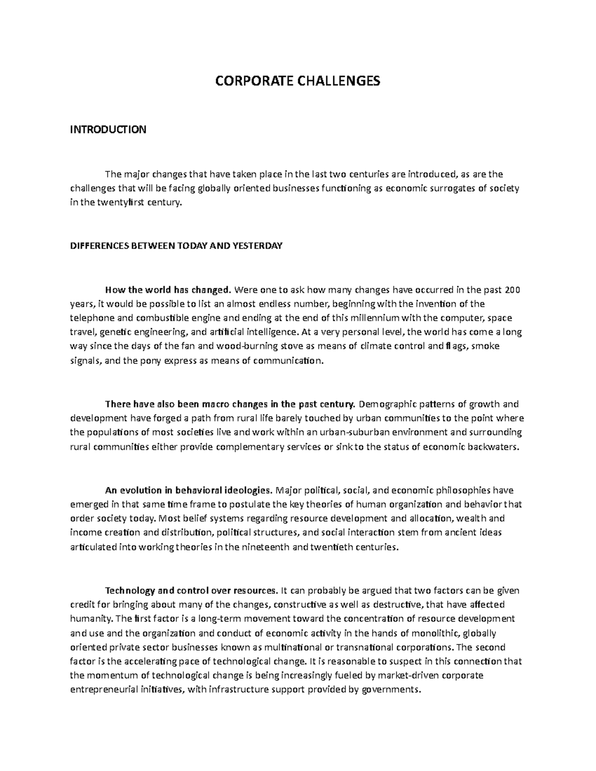 Corporate Challenges - CORPORATE CHALLENGES INTRODUCTION The major ...