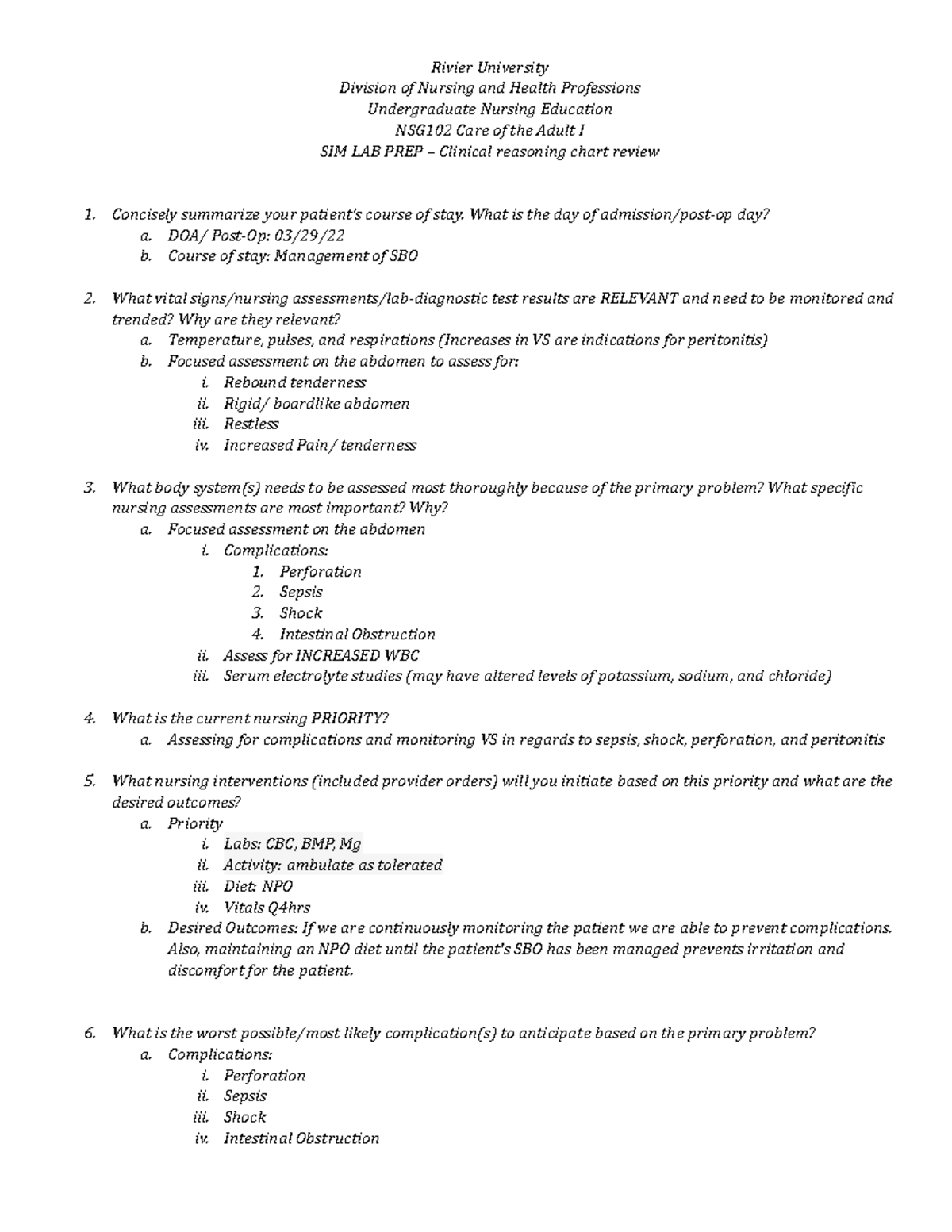 SIM GI - Assignments - Rivier University Division of Nursing and Health ...