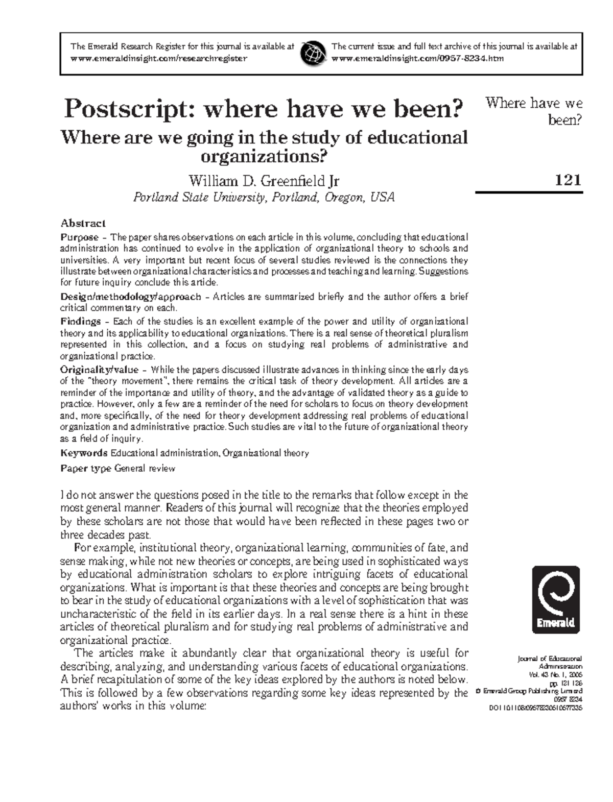 13a - Greenfield (2005 ) JEA H57 - Postscript: where have we been? Where are we going in the ...