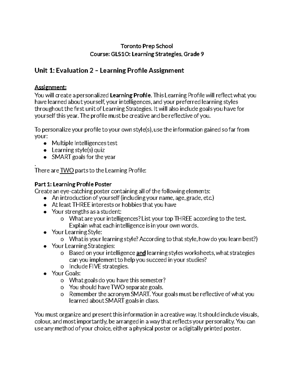 Learning Profile Assignment Sep 2021 - Toronto Prep School Course ...