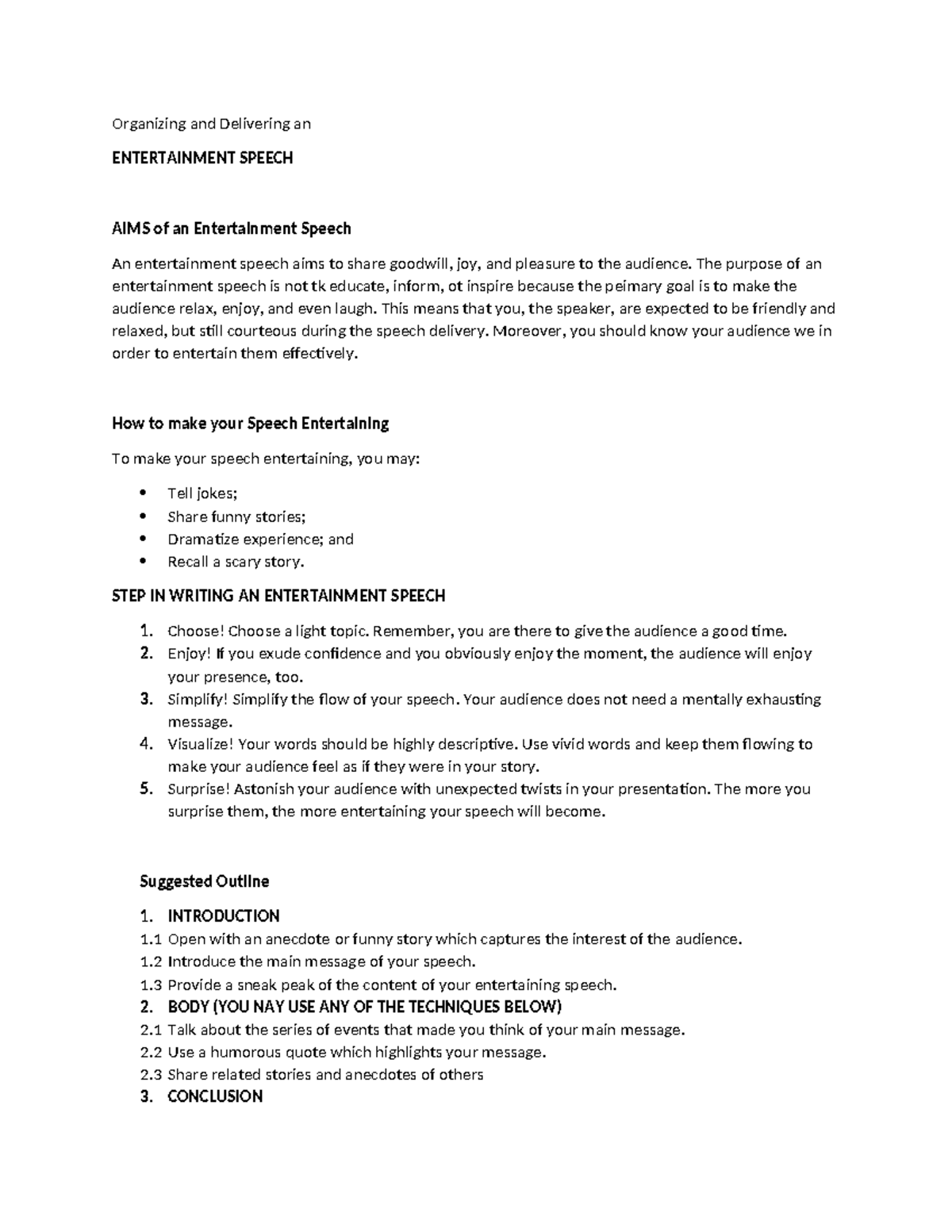 123 little monkey - Organizing and Delivering an ENTERTAINMENT SPEECH ...