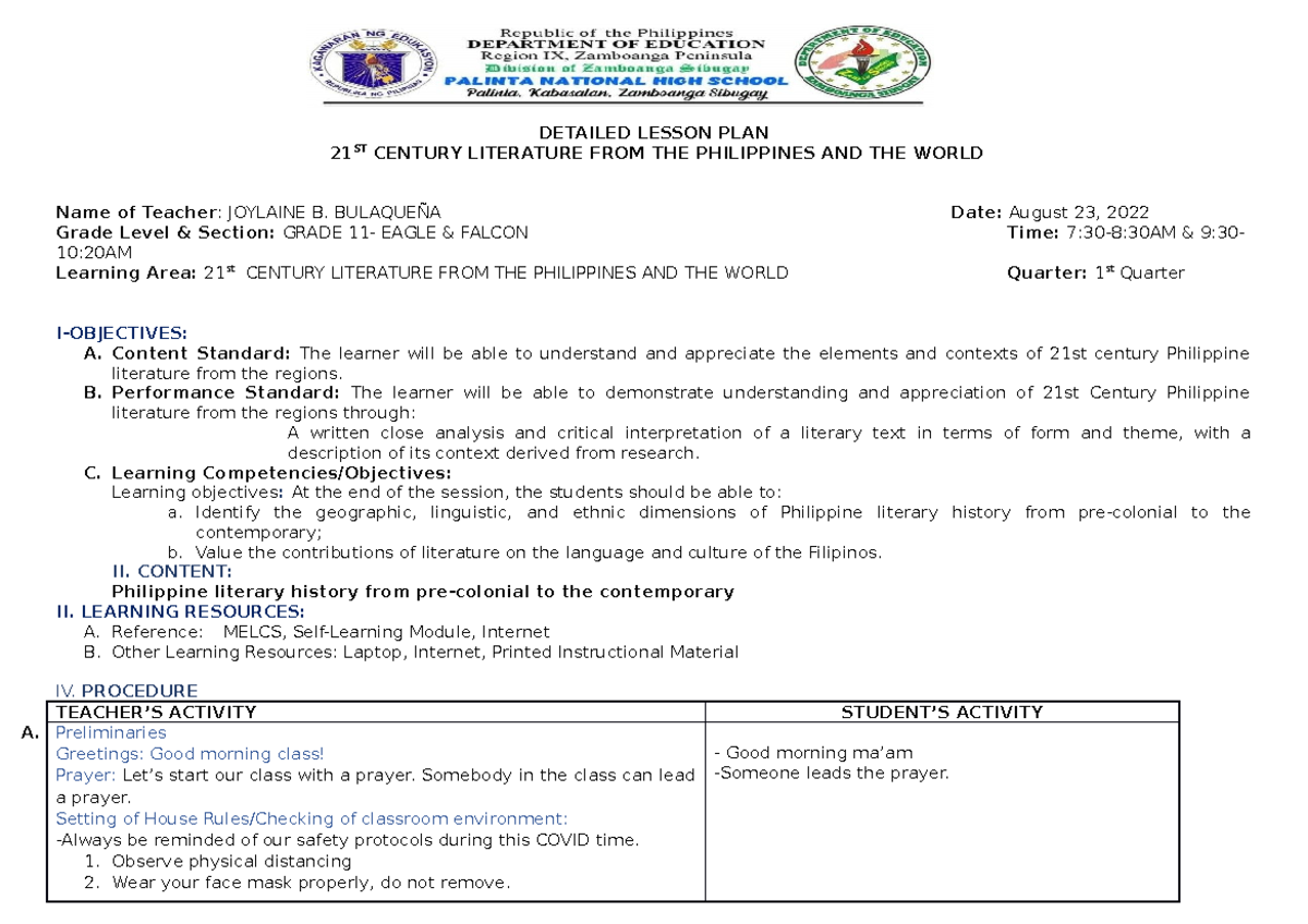 DLP 21ST Literature DAY DETAILED LESSON PLAN 21 ST CENTURY