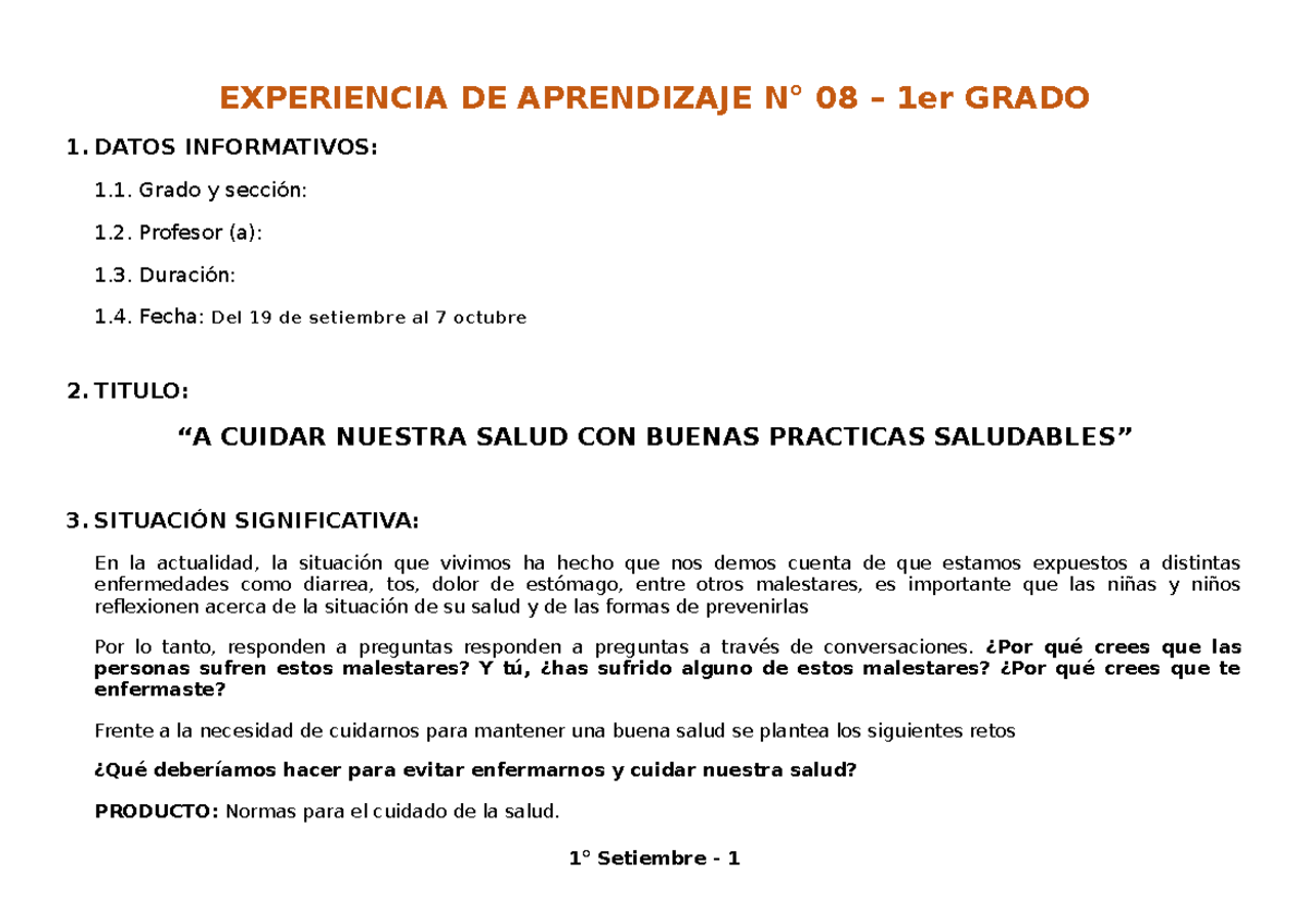 1° Grado - Experiencia DE Aprendizaje N°08 - EXPERIENCIA DE APRENDIZAJE N° 08 – 1er GRADO 1 ...