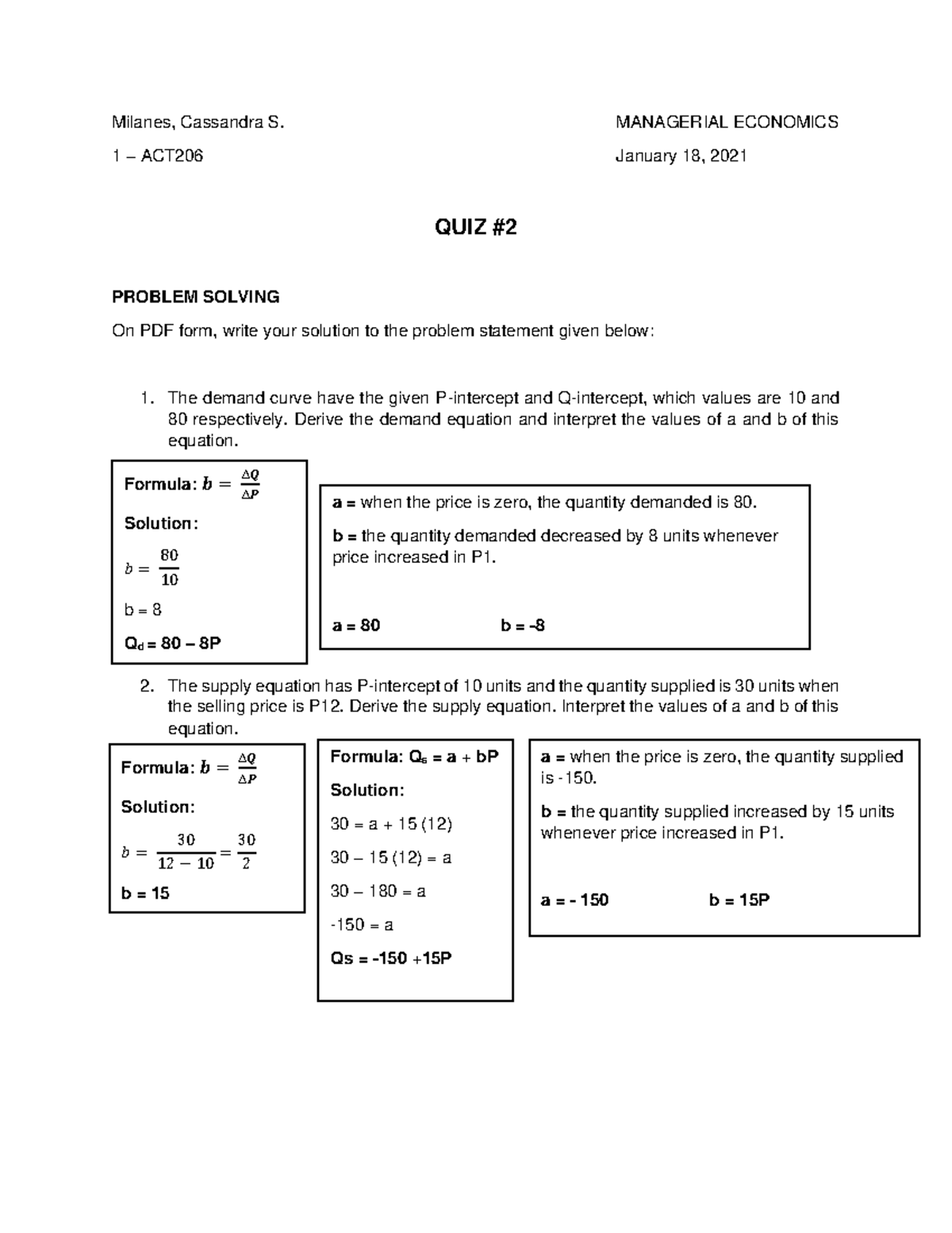 Managerial Economics QUIZ #2 - Milanes, Cassandra S. MANAGERIAL ...