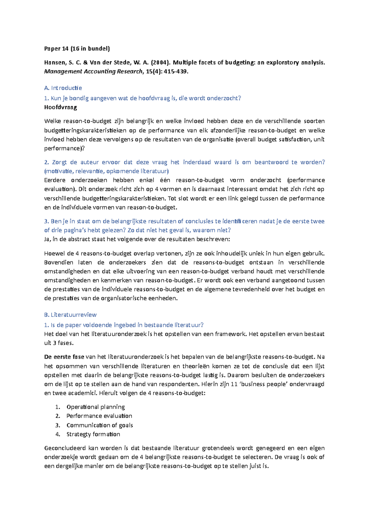 Samenvatting paper Hansen, S. C. & Van der Stede, W. A. (2004 ...