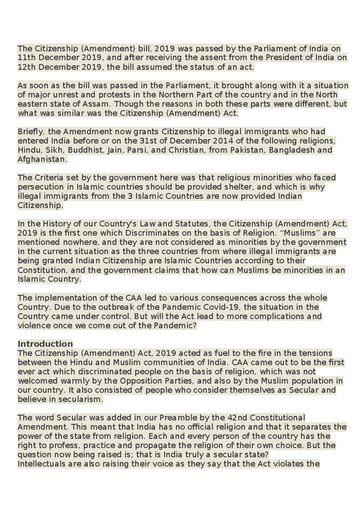 Constitution-CAA - Constitution notes - The Citizenship (Amendment ...