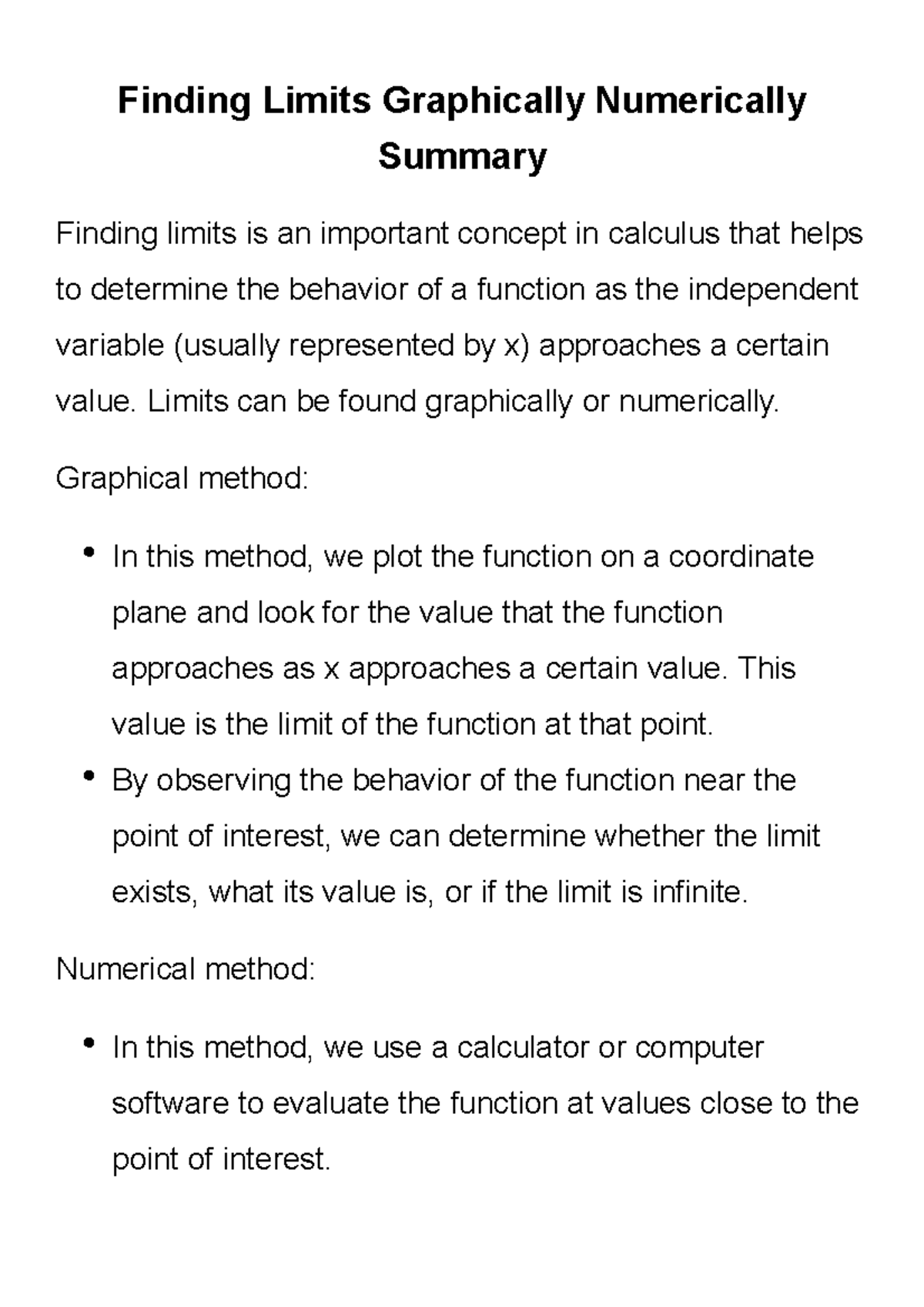 Finding Limits Graphically Numerically Summary - Finding Limits Graphically Numerically Summary ...