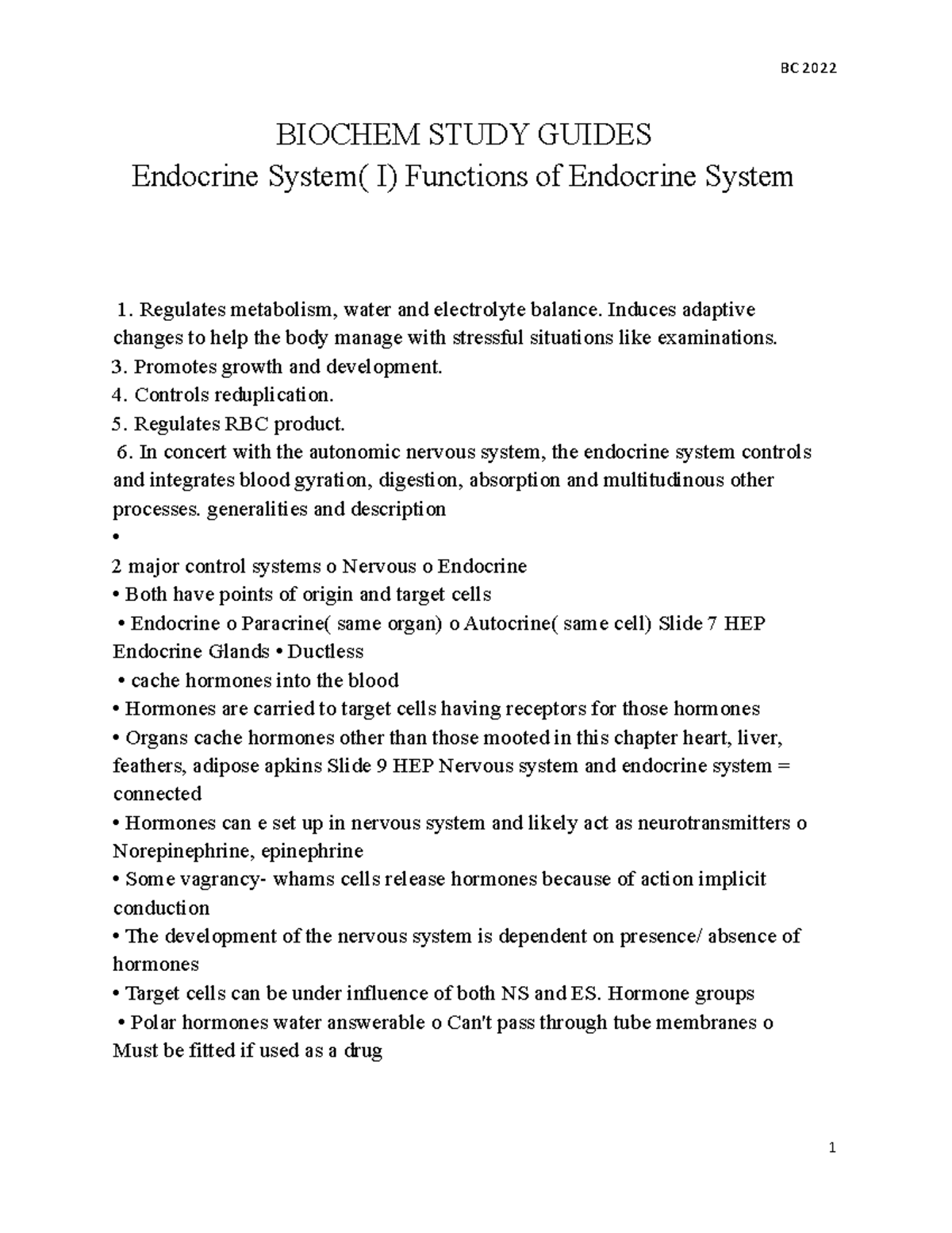 Endocrine System Notes - BIOCHEM STUDY GUIDES Endocrine System( I ...