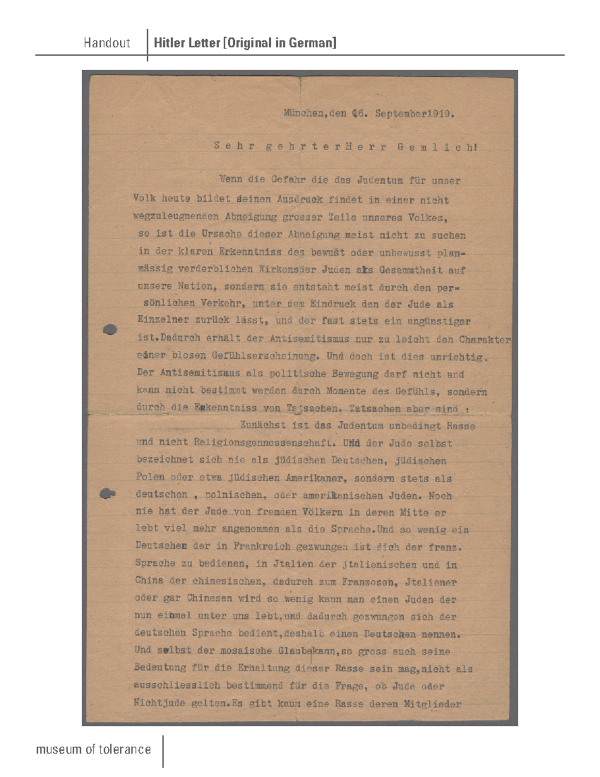 Hitler letter handout 1 - Handout Hitler Letter [Original in German ...