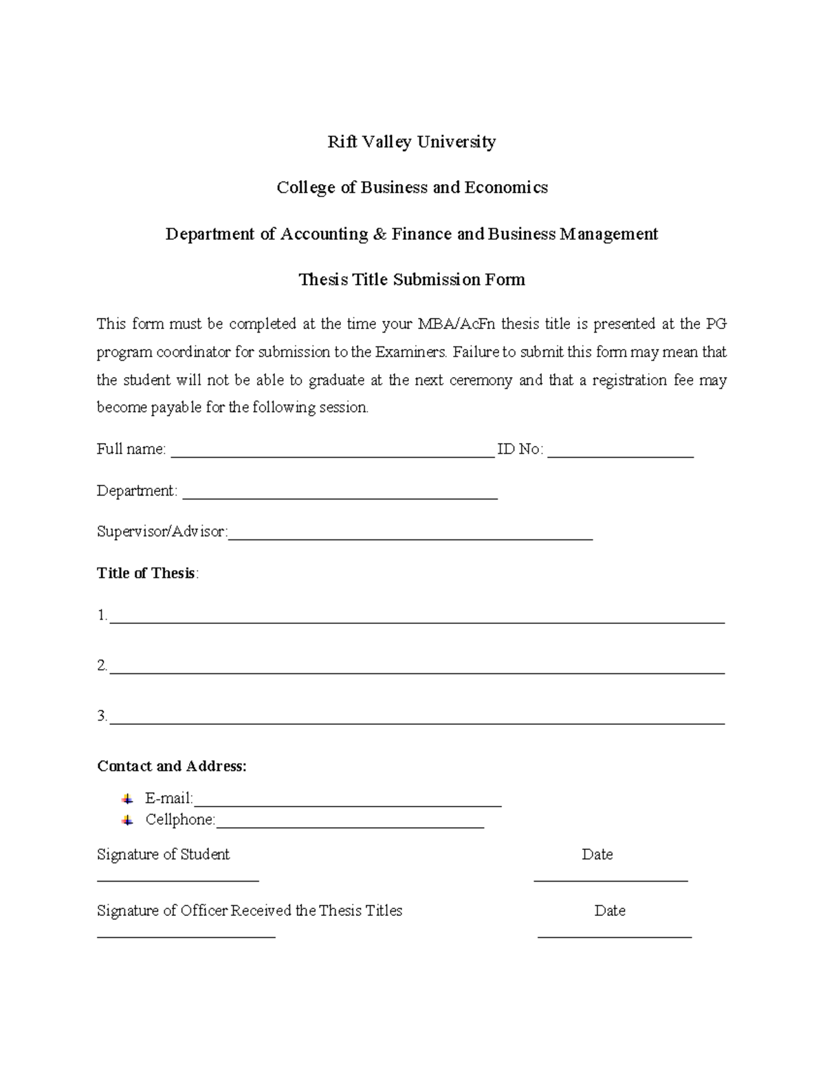 Thesis Title ubmission Form Nov 2024 - Rift Valley University College ...