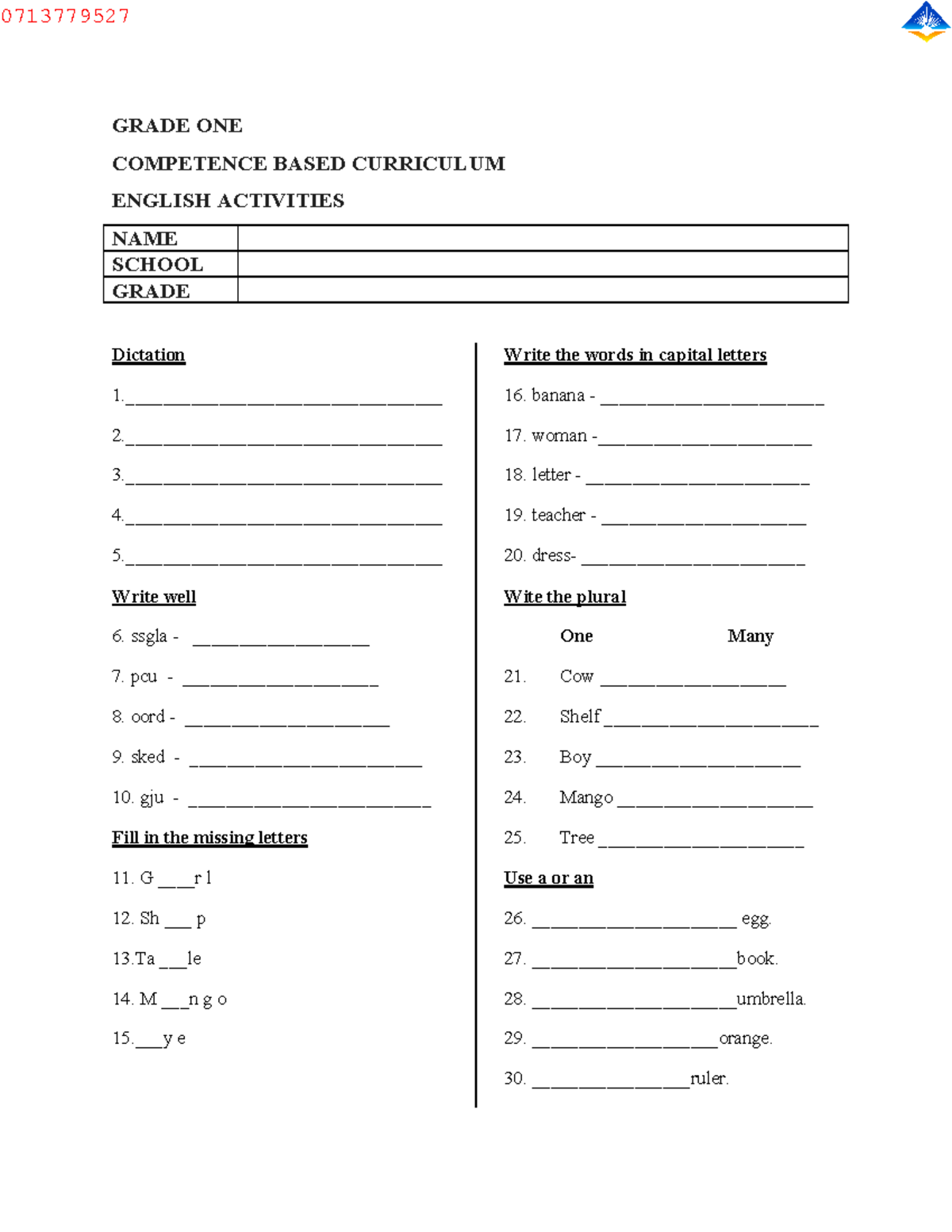 Grade 1 english activities - GRADE ONE COMPETENCE BASED CURRICULUM ...