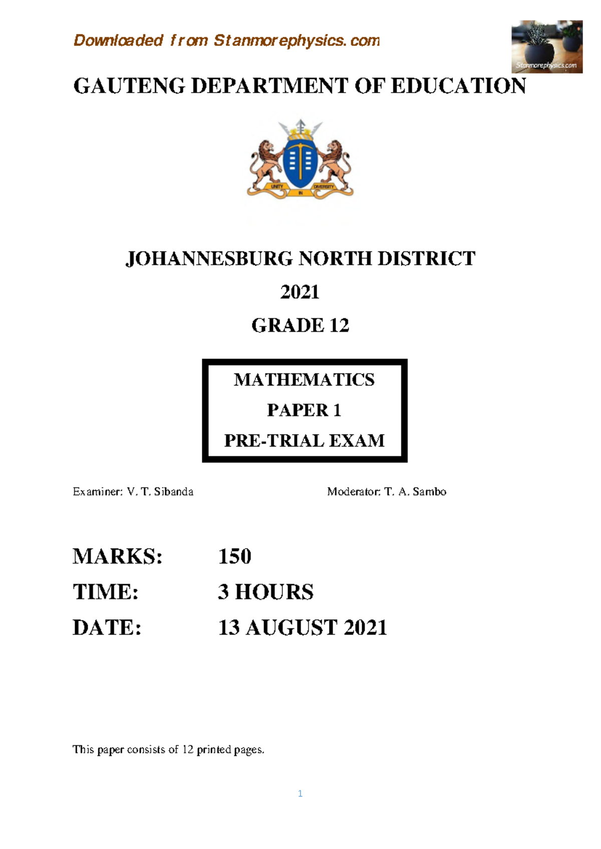 Gauteng Maths Grade 12 Pre Trial 2021 P1 and Memo - 1 GAUTENG ...