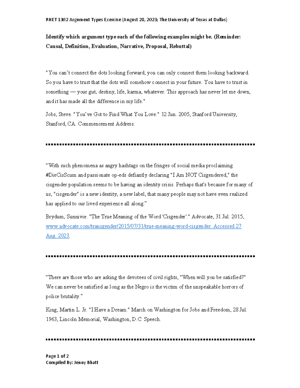 RHET1302 Argument Types Exercise (Jenny Bhatt) - RHET 1302 Argument ...