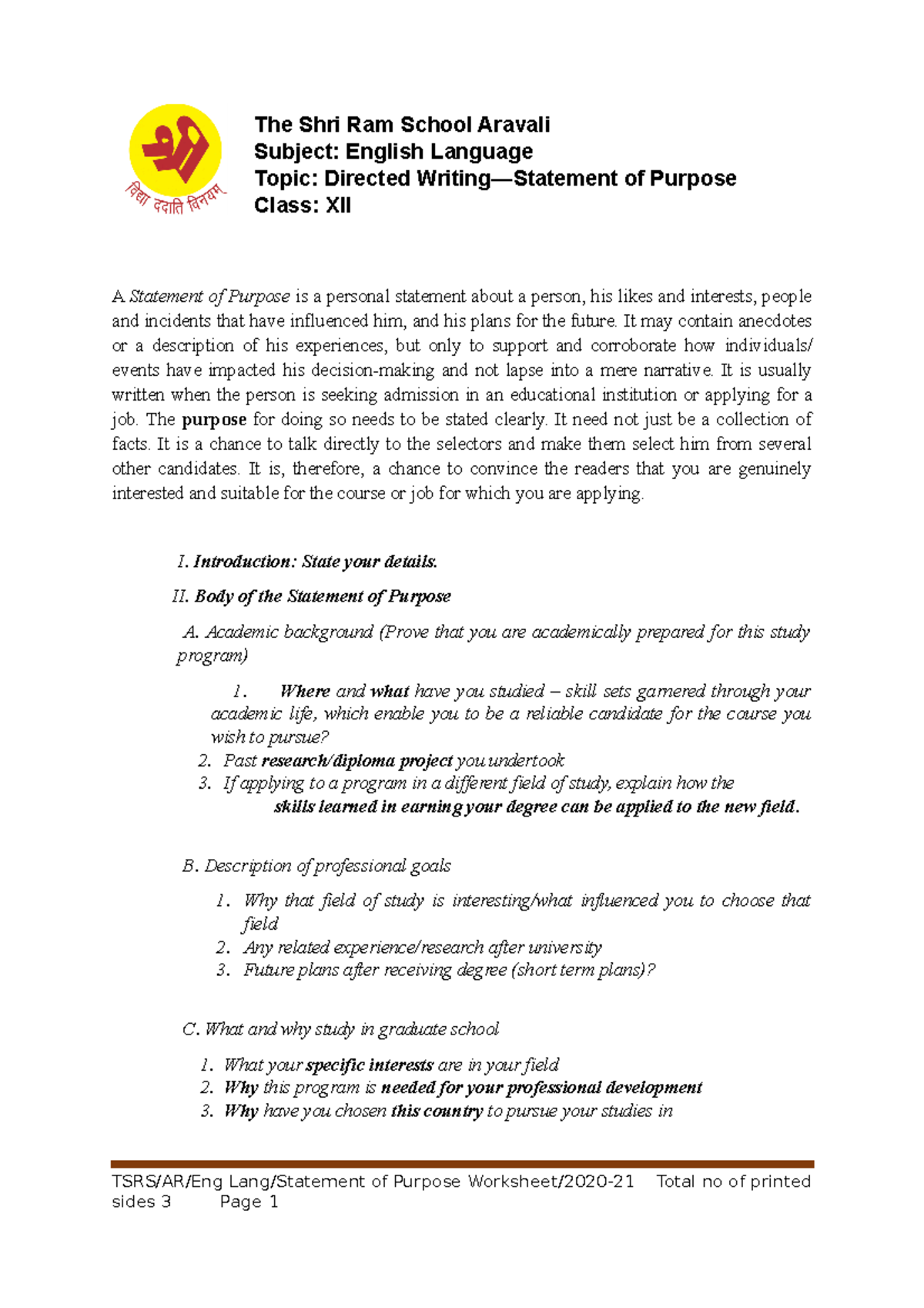12 Statement of Purpose Worksheet 20-21 - The Shri Ram School Aravali ...
