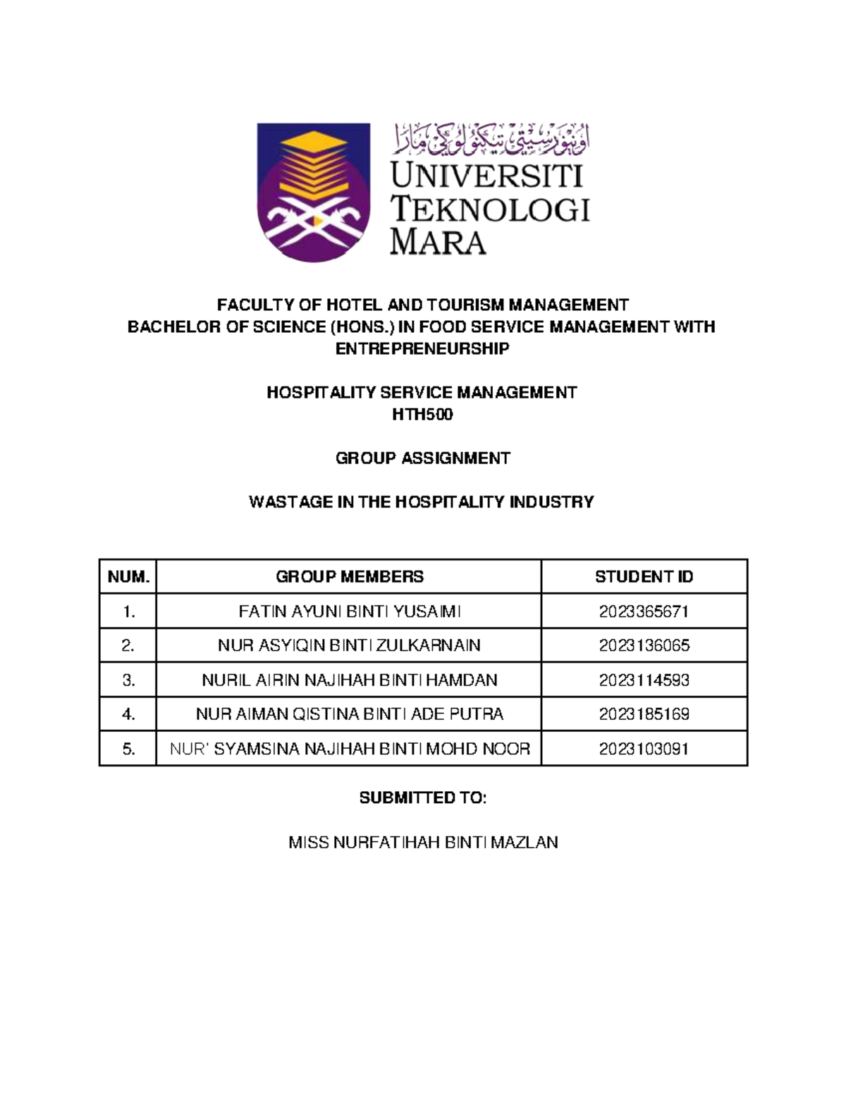 HTH500 Group Assignment Updated - FACULTY OF HOTEL AND TOURISM ...