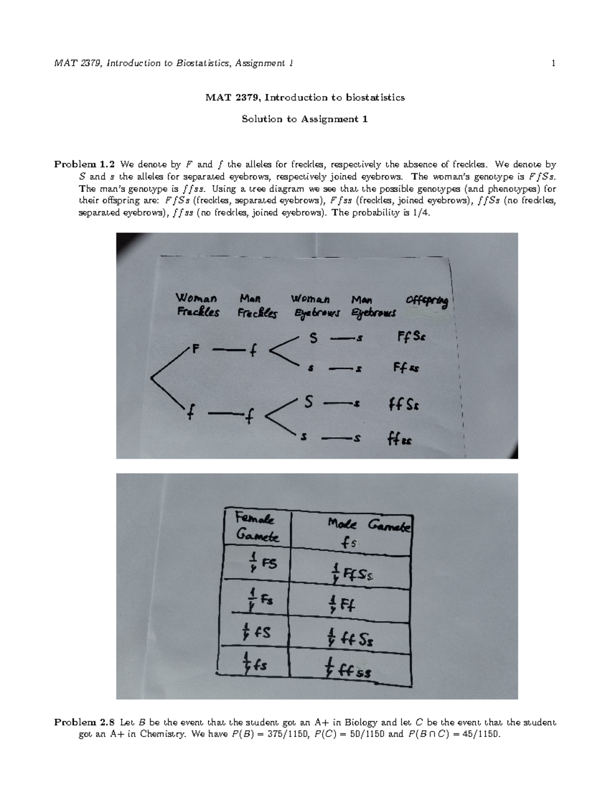2379-assign 1sol - solution - MAT 2379, Introduction to Biostatistics, Assignment 1 1 MAT 2379 ...
