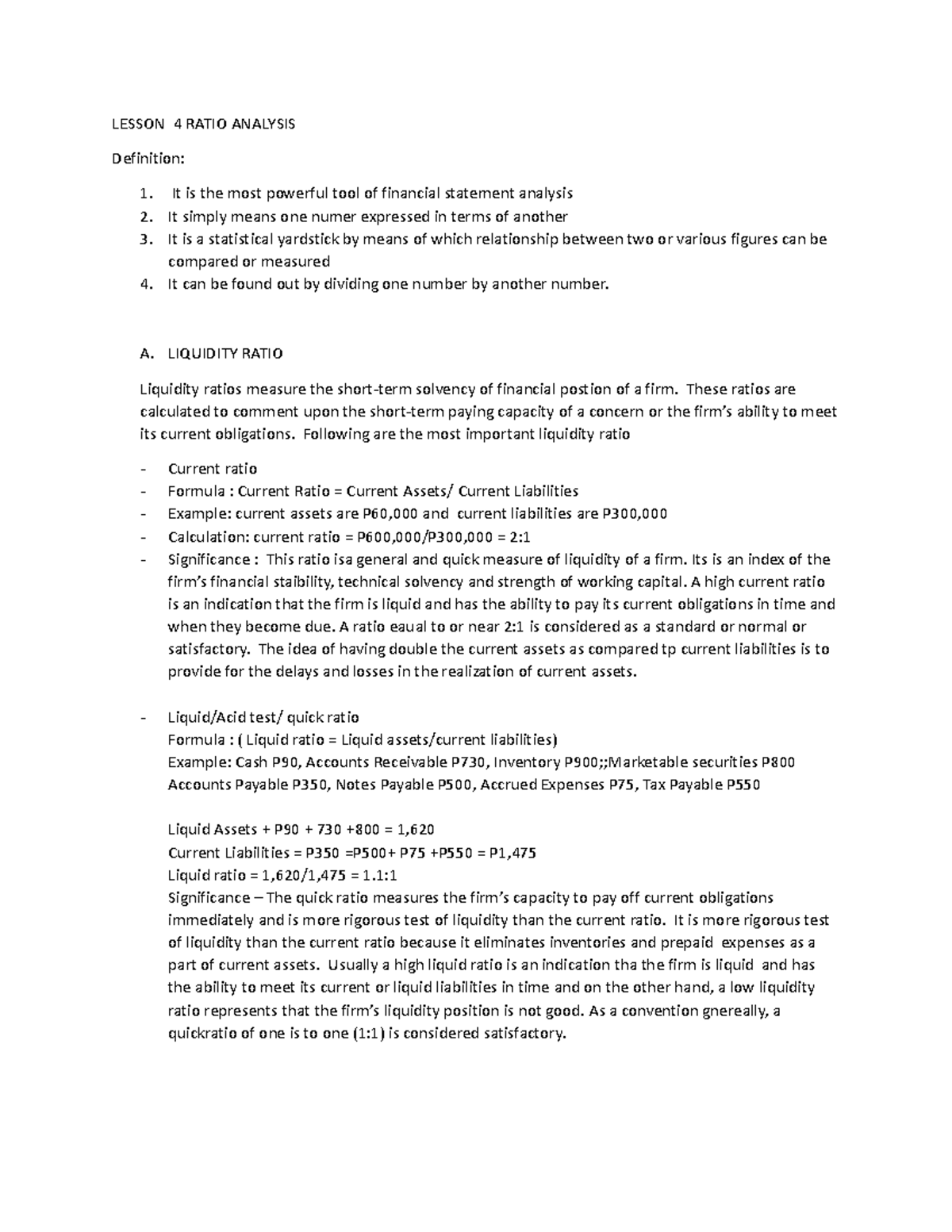 Lesson 4 Ratio Analysis 1 - LESSON 4 RATIO ANALYSIS Definition: 1. It ...