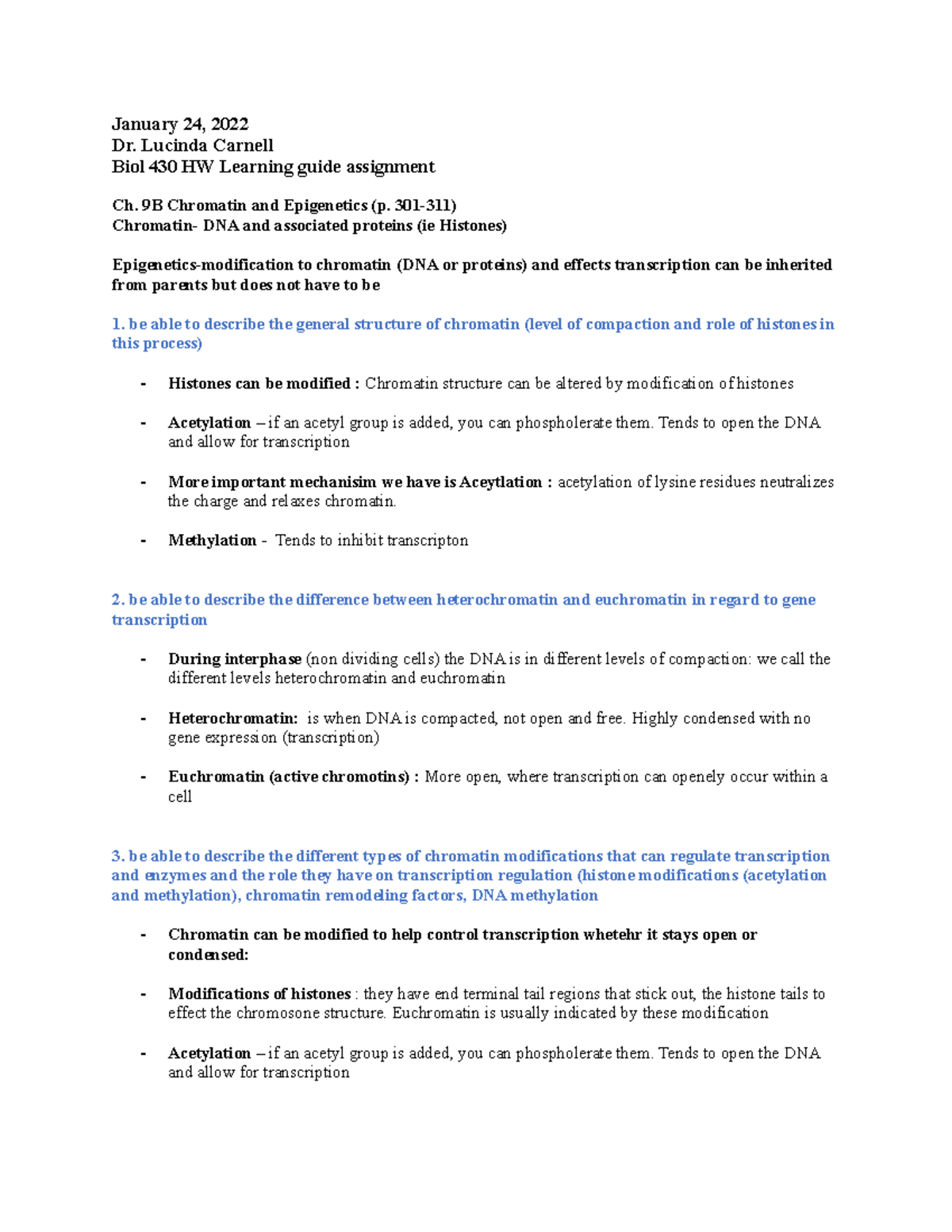 Biol 430 HW Learning guide assignment - January 24, 2022 Dr. Lucinda ...