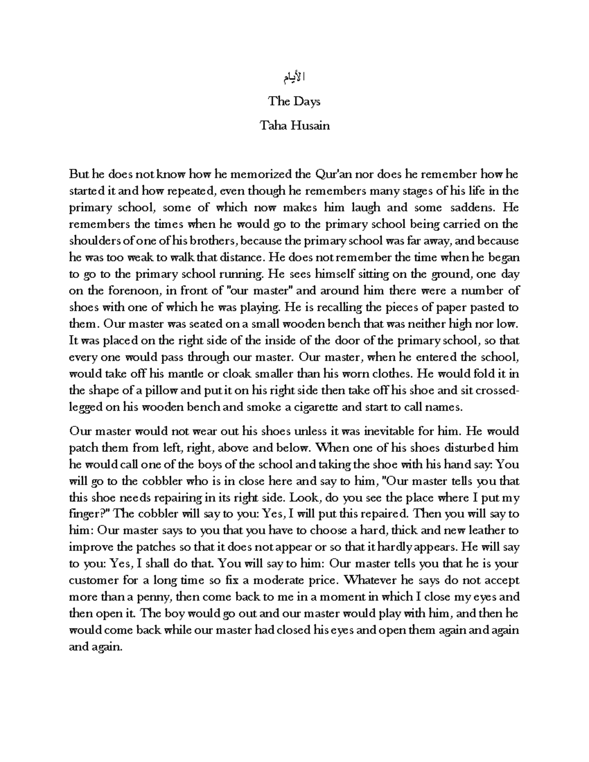 The Days by Taha Hussain - Modern Arabic Prose - Studocu
