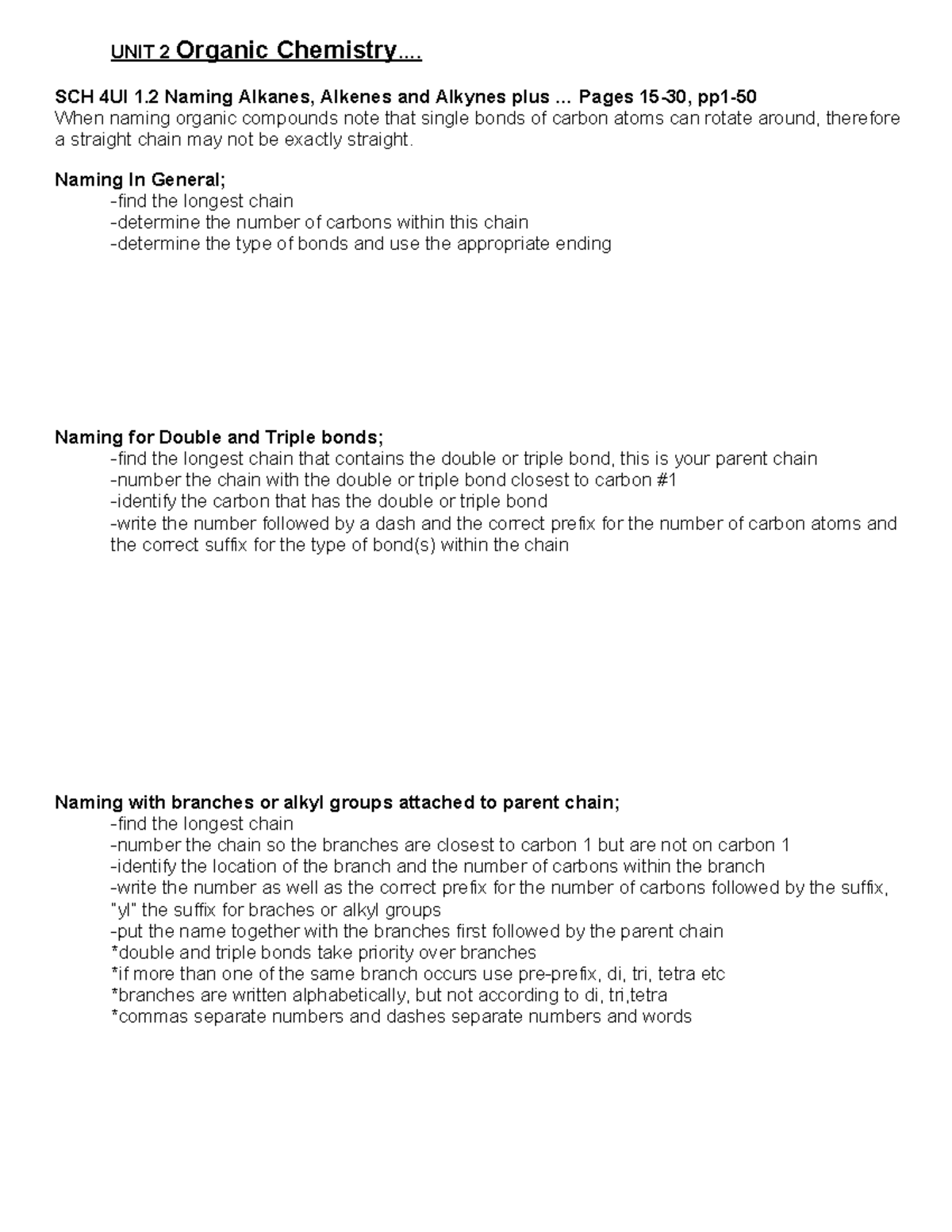 Notesunit 2organicchem - UNIT 2 Organic Chemistry.... SCH 4UI 1 Naming ...