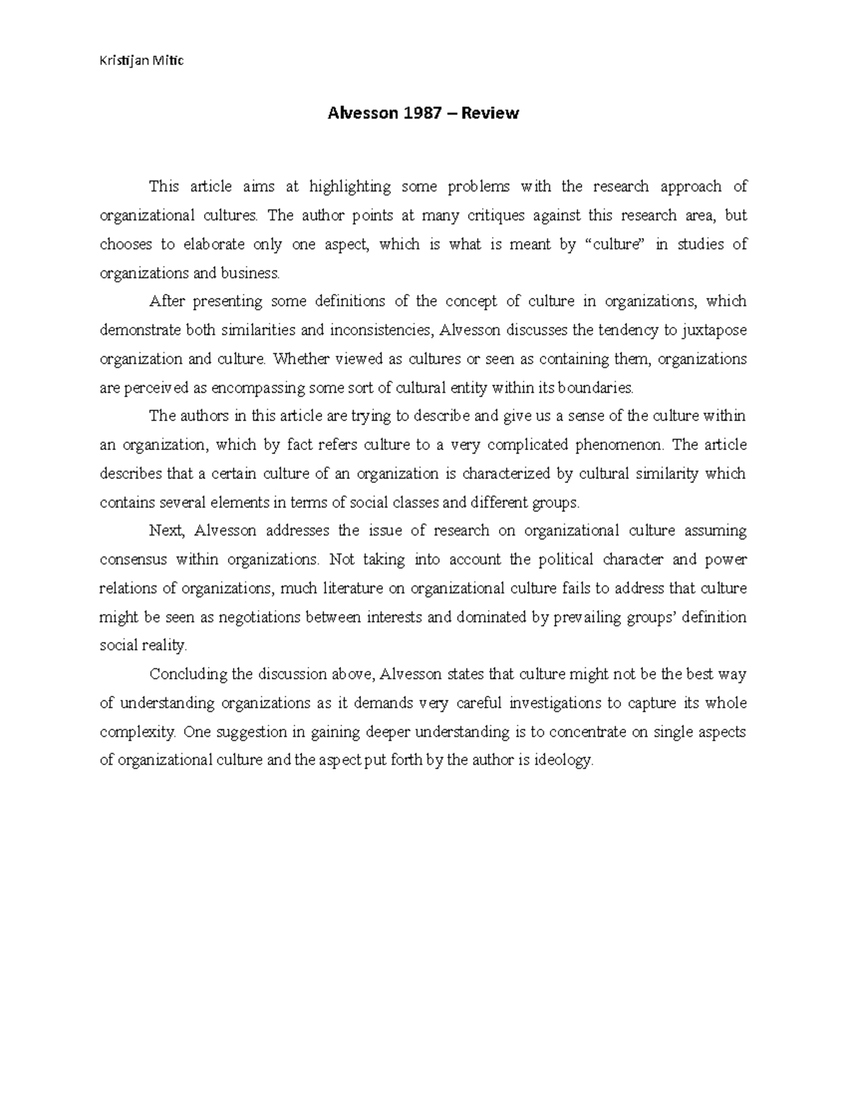 Summary - Organizations, Culture, and Ideology - Kristijan Mitic ...