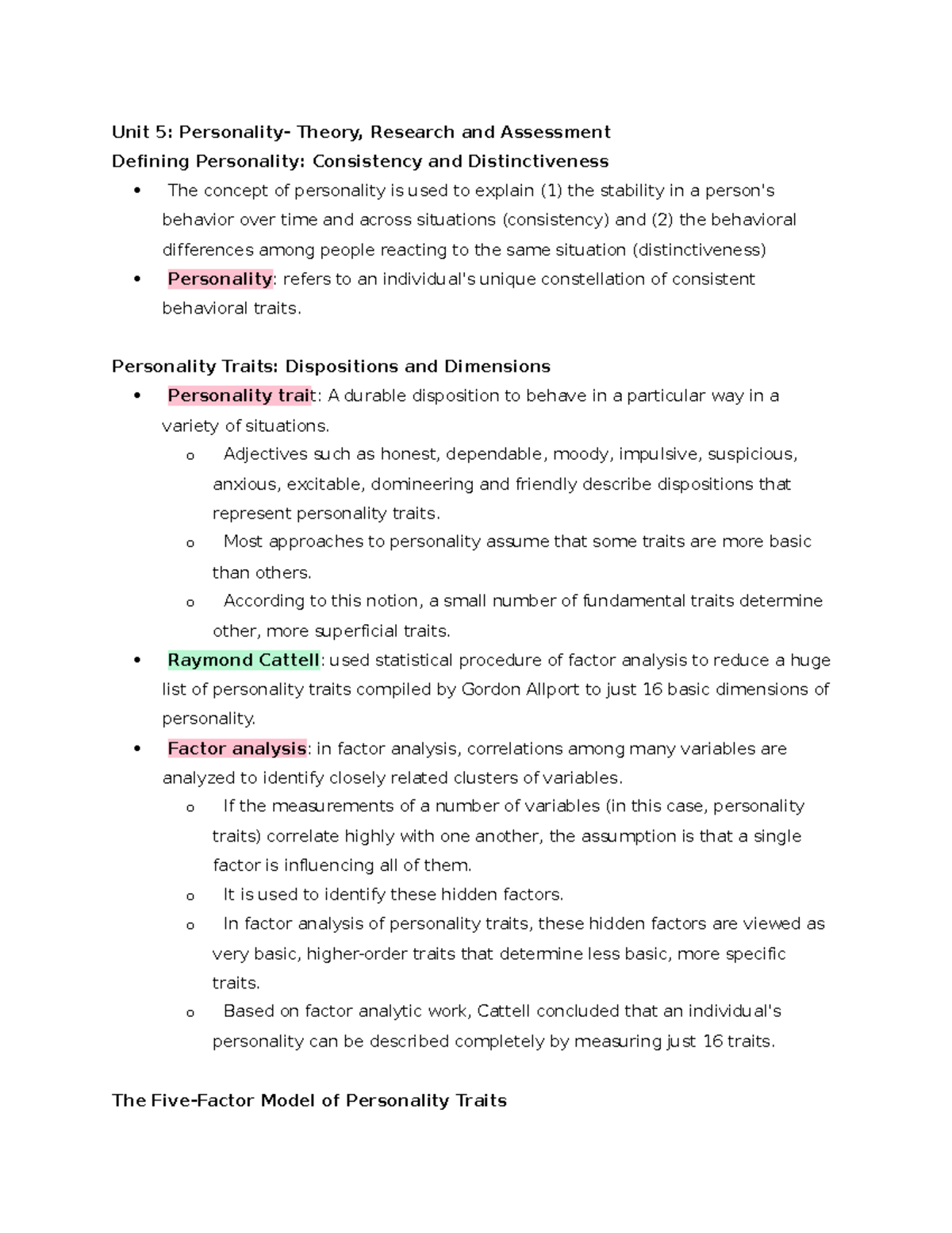 Unit 5- Personality- Theory, Research and Assessment - Personality ...