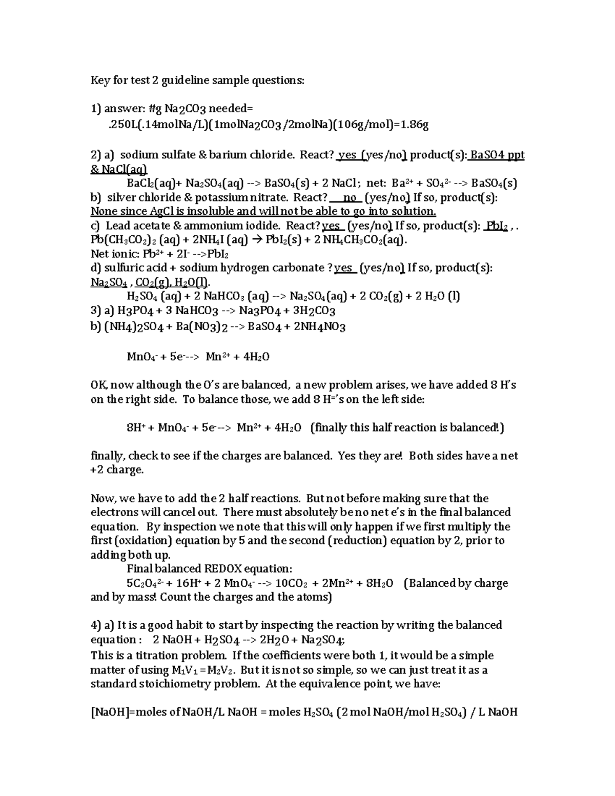 StoichiometryChemistry Work Practice for 10th-1 - Key for test 2 ...
