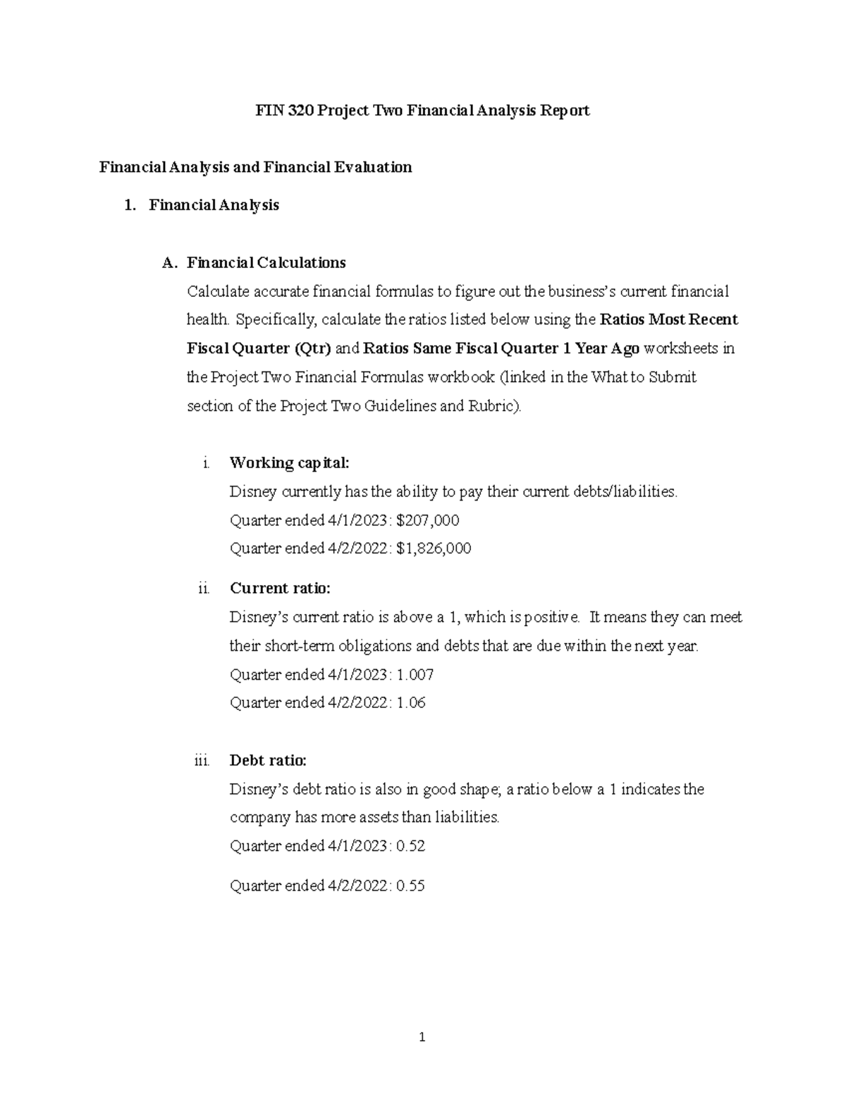 FIN 320 Project Two Financial Analysis Report - Financial Calculations ...
